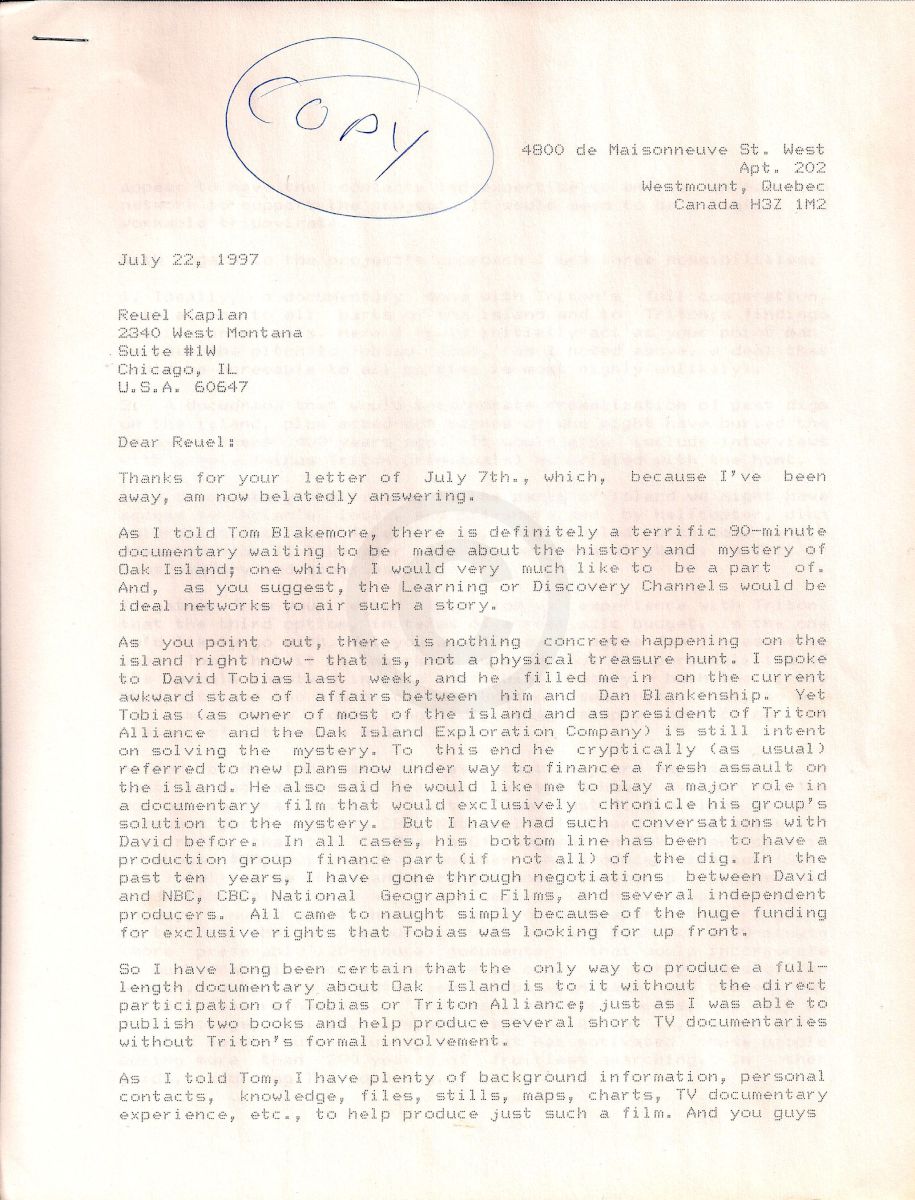 Letter from O'Connor to Kaplan posing ideas on the type of documentary ...