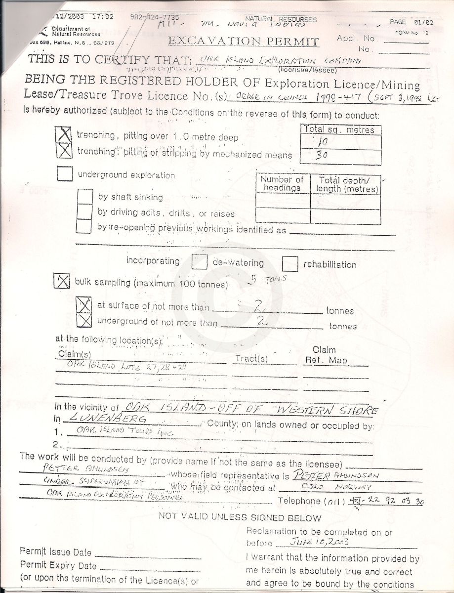 Oak Island Exploration Company excavation permit - Oak Island, Nova Scotia