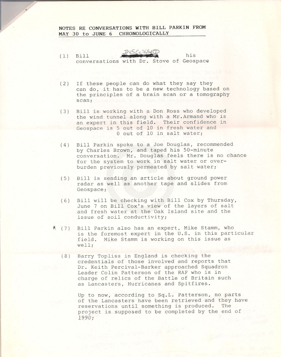 Notes re conversations with Bill Parkin from May 30 to June 6 ...